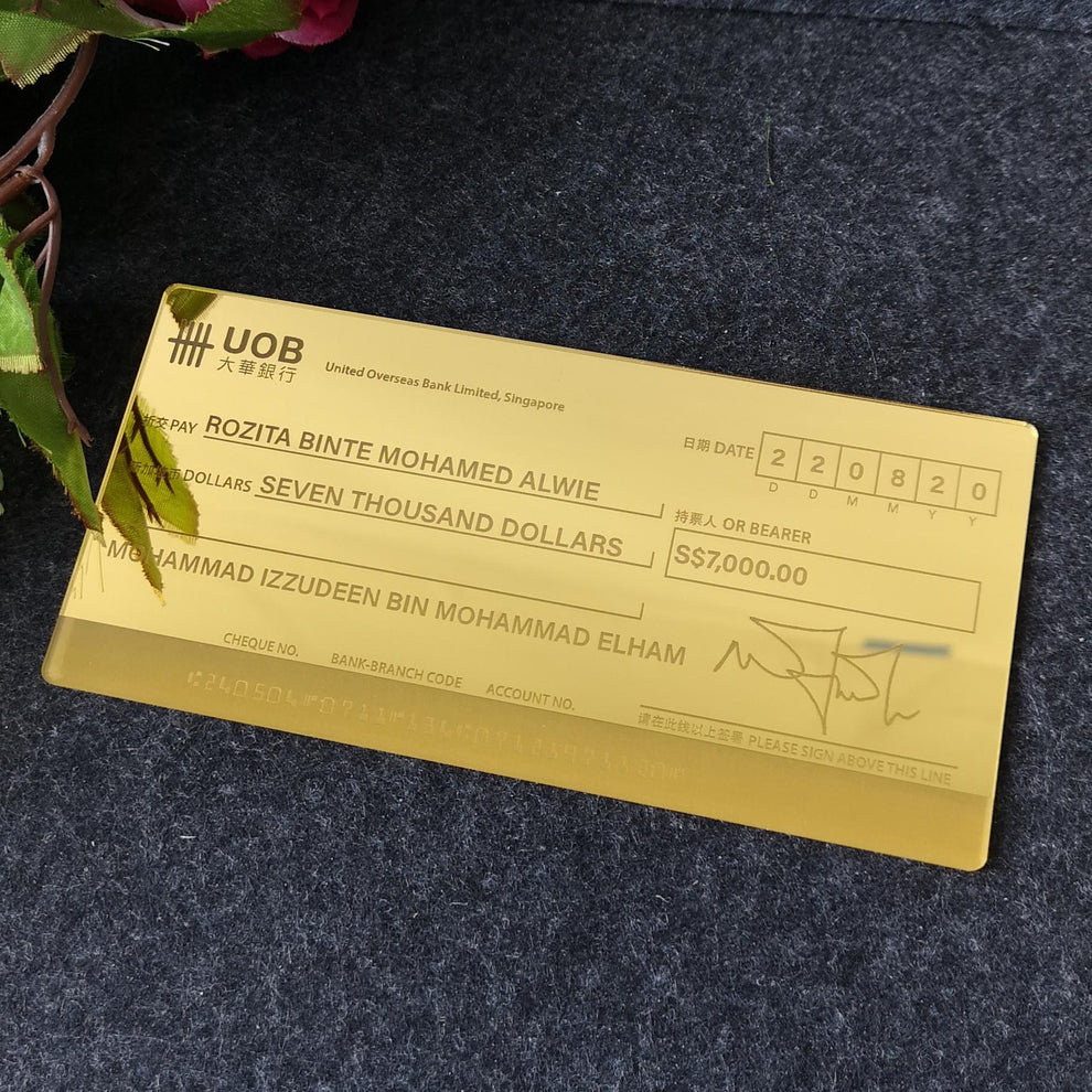 Gold Mirror (Engraved) Acrylic Mock up Cheque - Clik Clok