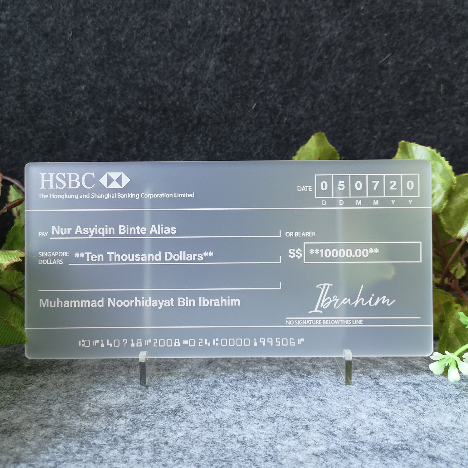 Frosted Acrylic Mock Up Cheque - Cheque + Acrylic Stand - Clik Clok
