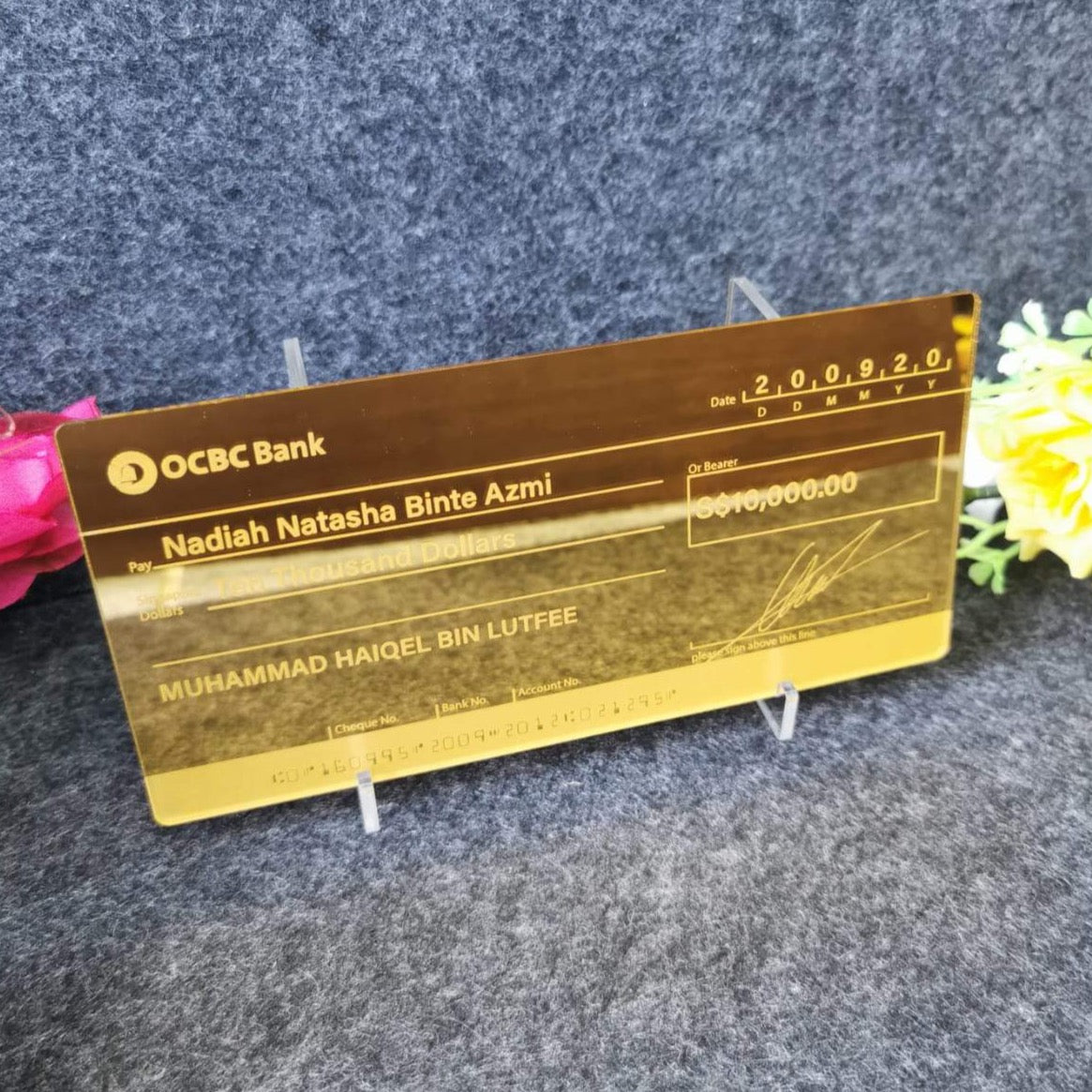Gold Mirror (Engraved) Acrylic Mock up Cheque - Clik Clok